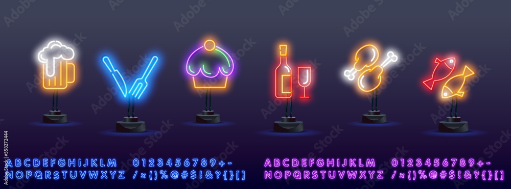 Restaurant neon text with chef cook hat, fork and spoon. Cooking ...