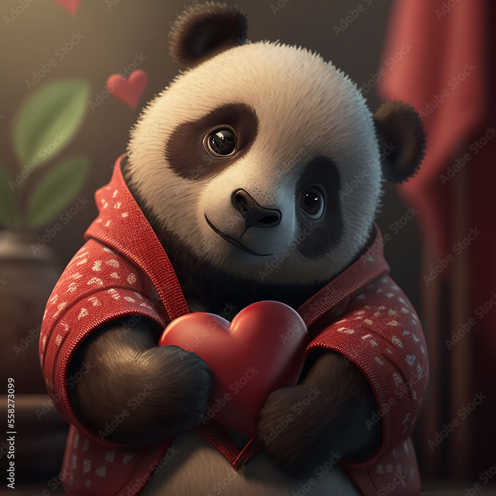 Cute panda with heart in hands, Panda with love symbols for Valentine's ...