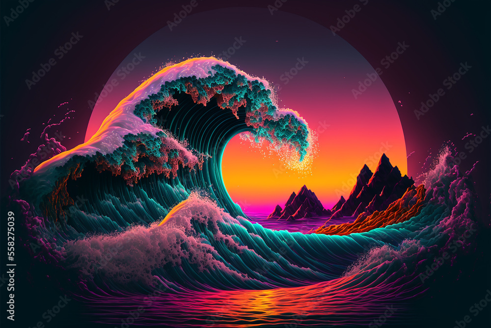 Synthwave sunset, landscape, 80's retro synthwave color design ocean ...