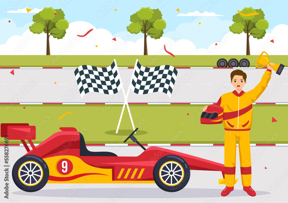 Vetor de Formula Racing Sport Car Reach on Race Circuit the Finish Line ...