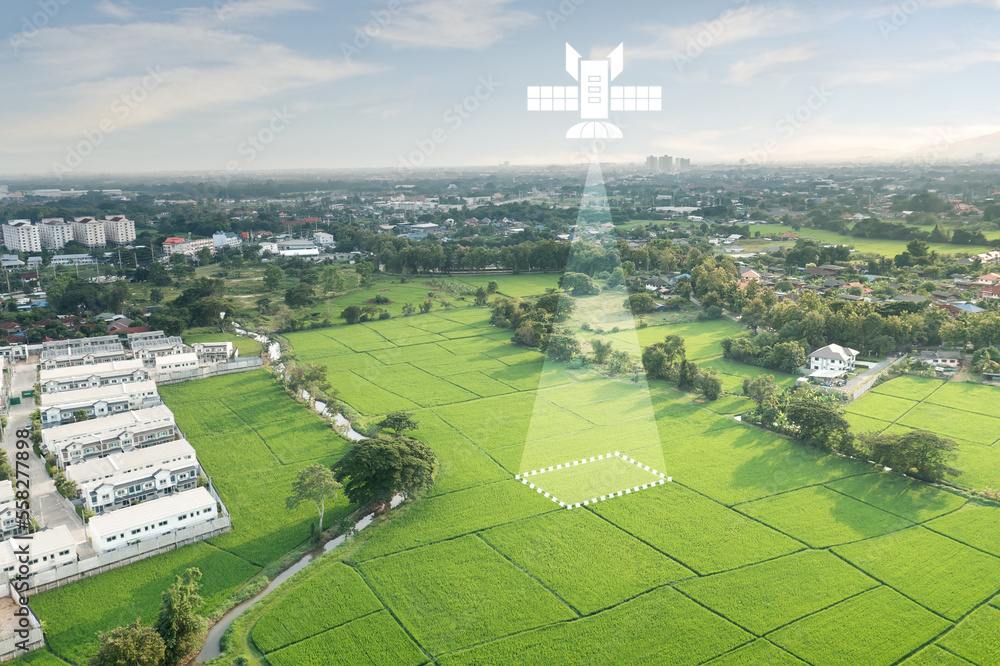 Land, house, residential area and satellite in aerial view. Concept of ...