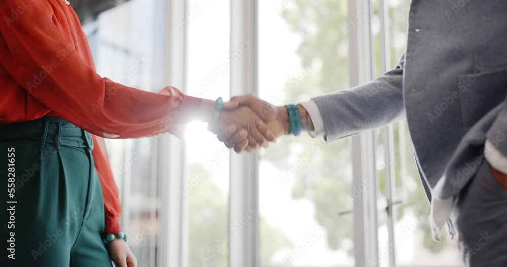 Closeup, handshake and businessman with woman, welcome or respect at ...