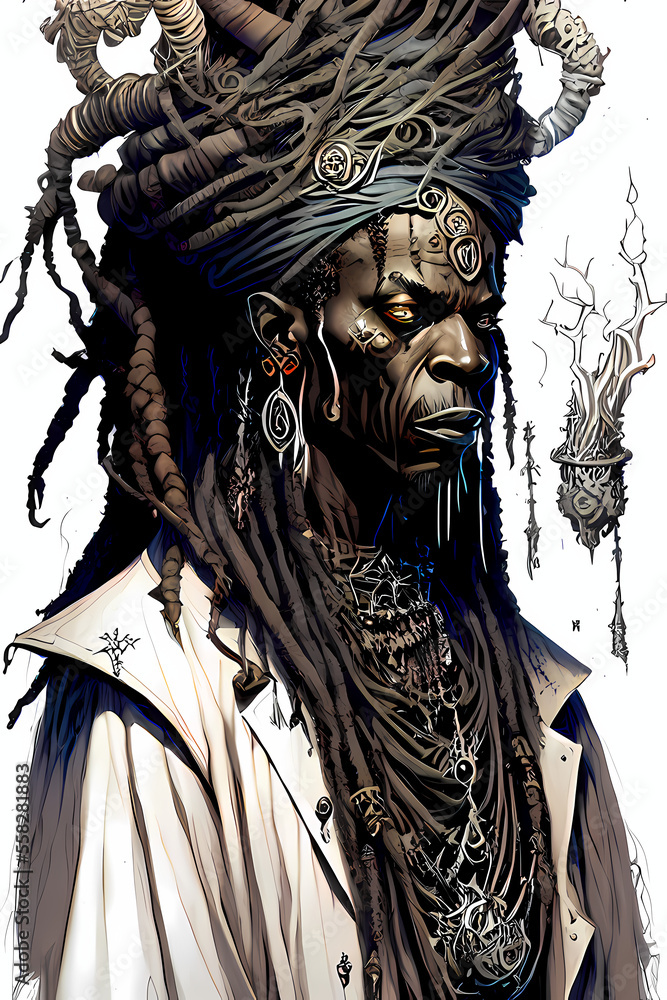 A fantasy board game card/colouring book page: Voodoo priest. Haiti ...