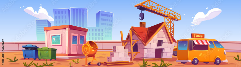 House construction site against cityscape background. Suburb ...