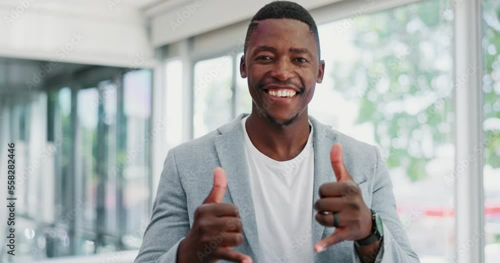 Businessman, hand sign and face with smile, success and vision with ...