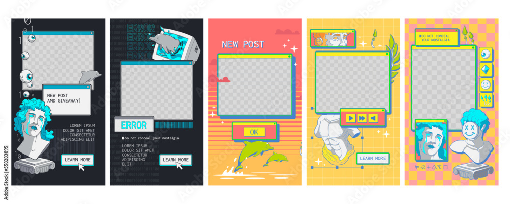 Set of social media app design templates for mobile gadget, black and ...