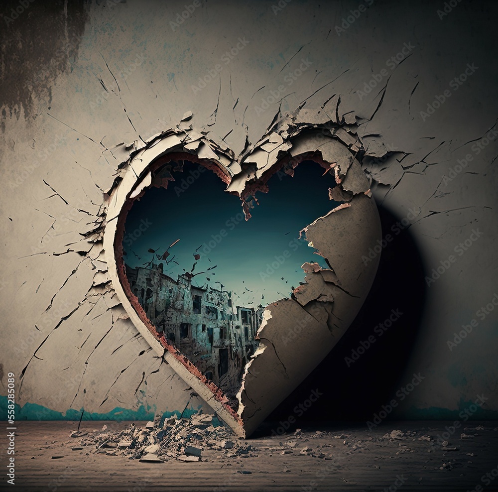 Hole in shape of a heart in a wall, view on destroyed houses ...