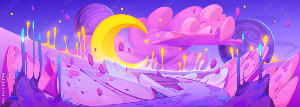 Fantasy pink planet surface. Cartoon vector illustration of magic space ...