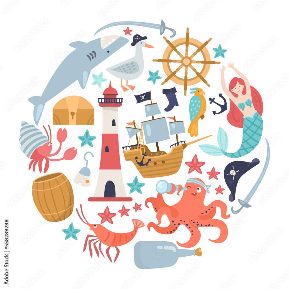 Round pattern with sea journey symbols vector illustrations set ...