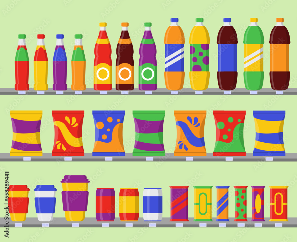 Supermarket shelves with drinks and snacks vector illustration. Cartoon ...