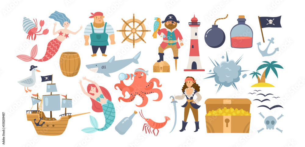 Comic sea adventures elements vector illustrations set. Drawings of ...