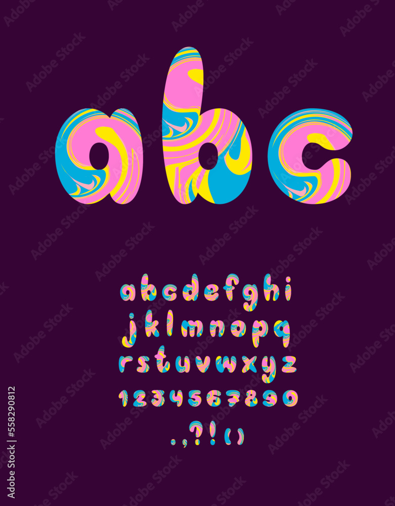 Liquid font. Lowercase english alphabet. Letters and numbers with ...