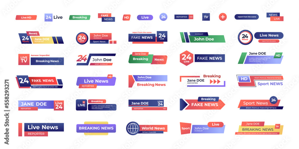 Breaking news banner. Set of tv titles and bars for video streaming ...