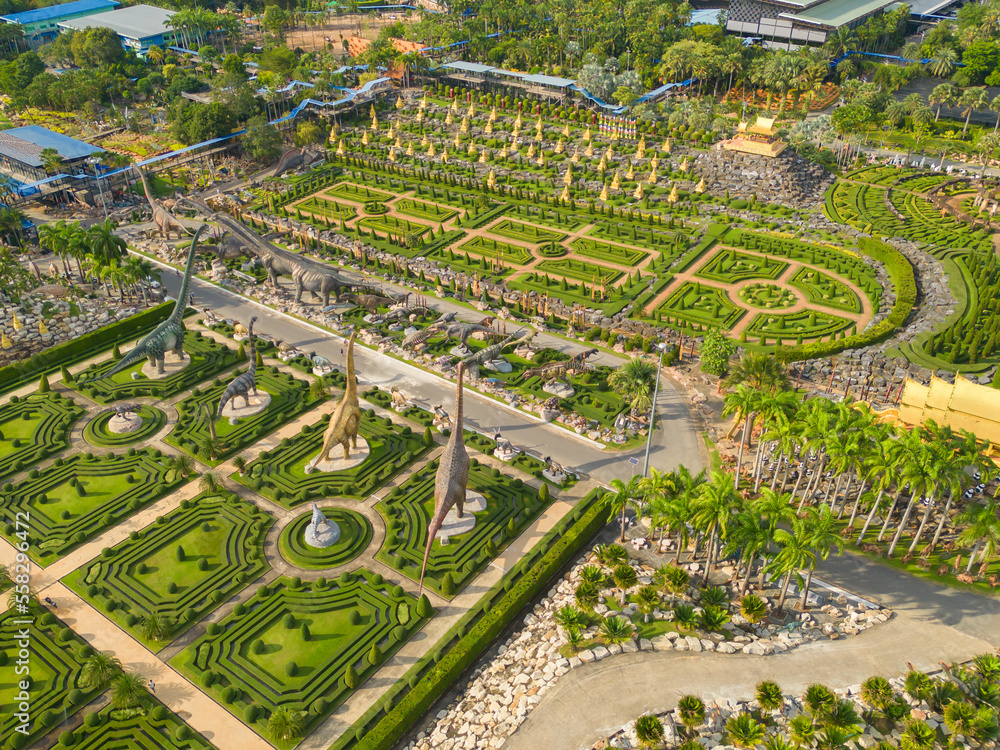 Aerial top view of green trees in Nong Nooch Tropical Garden Park ...