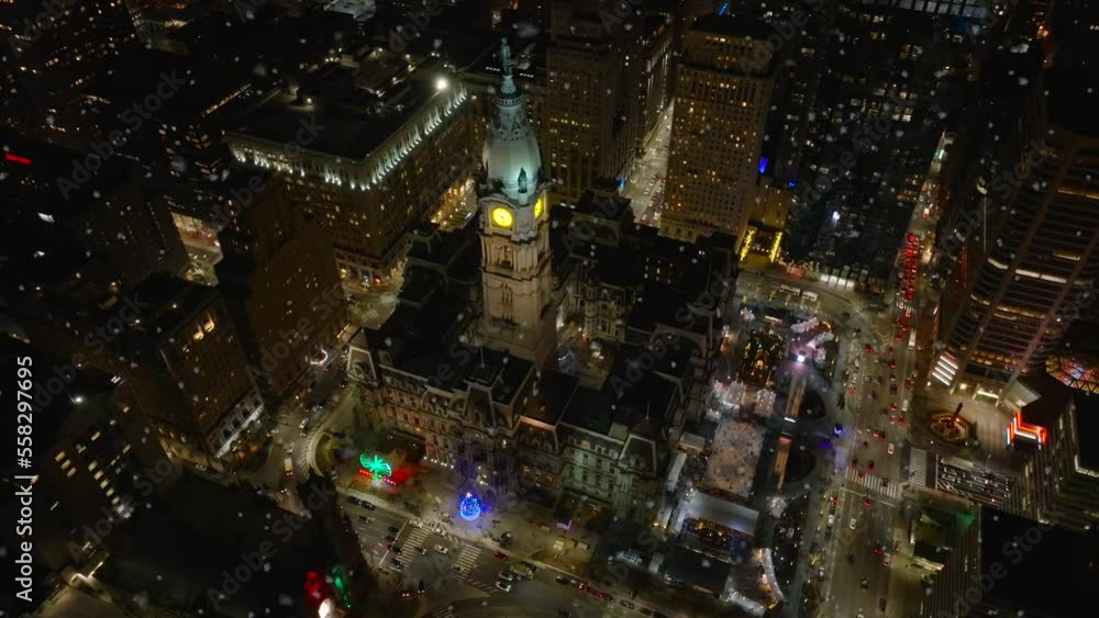 Philadelphia City Hall at night. Christmas tree is decorated and lit ...