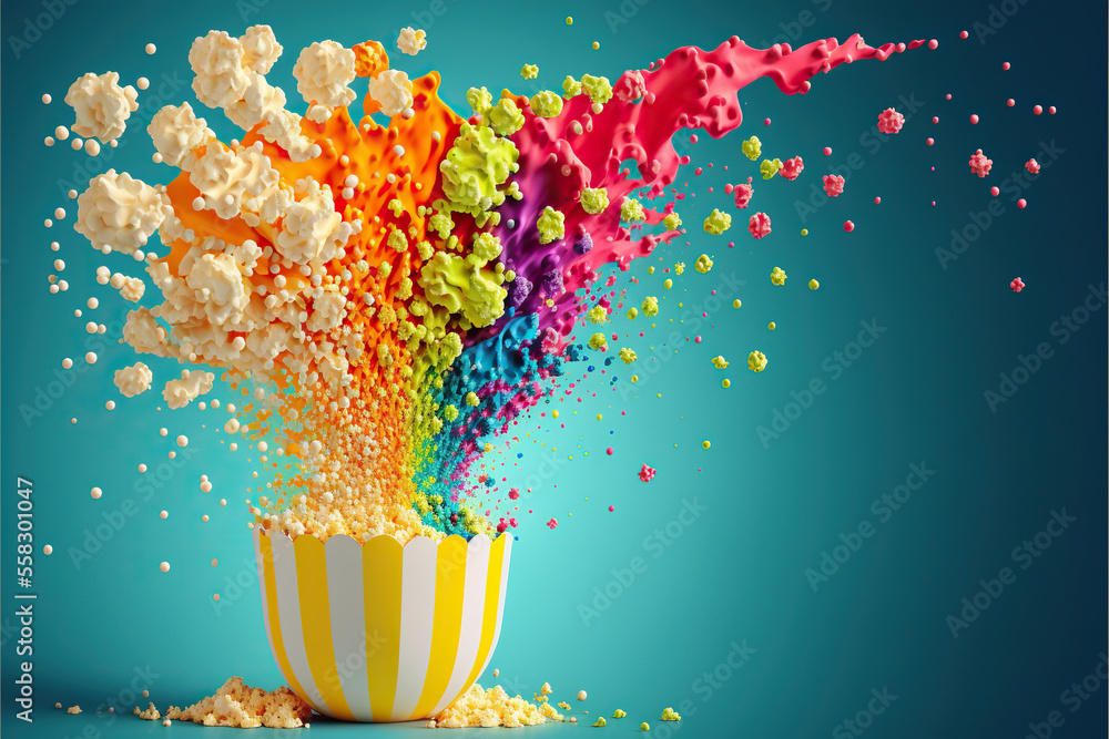 Popcorn of various bright colors popping out exploding, generative ai ...