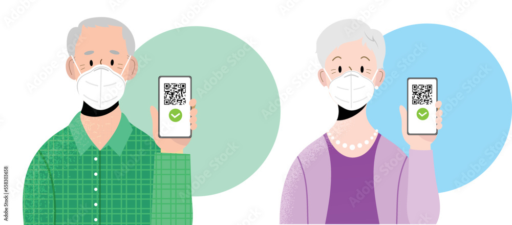 Old man and woman with ffp2 masks holding smartphone with QR code on ...