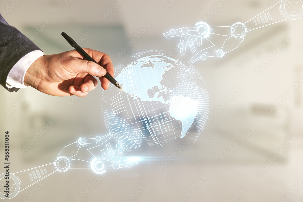 Male hand with pen draws abstract virtual robotics technology sketch ...