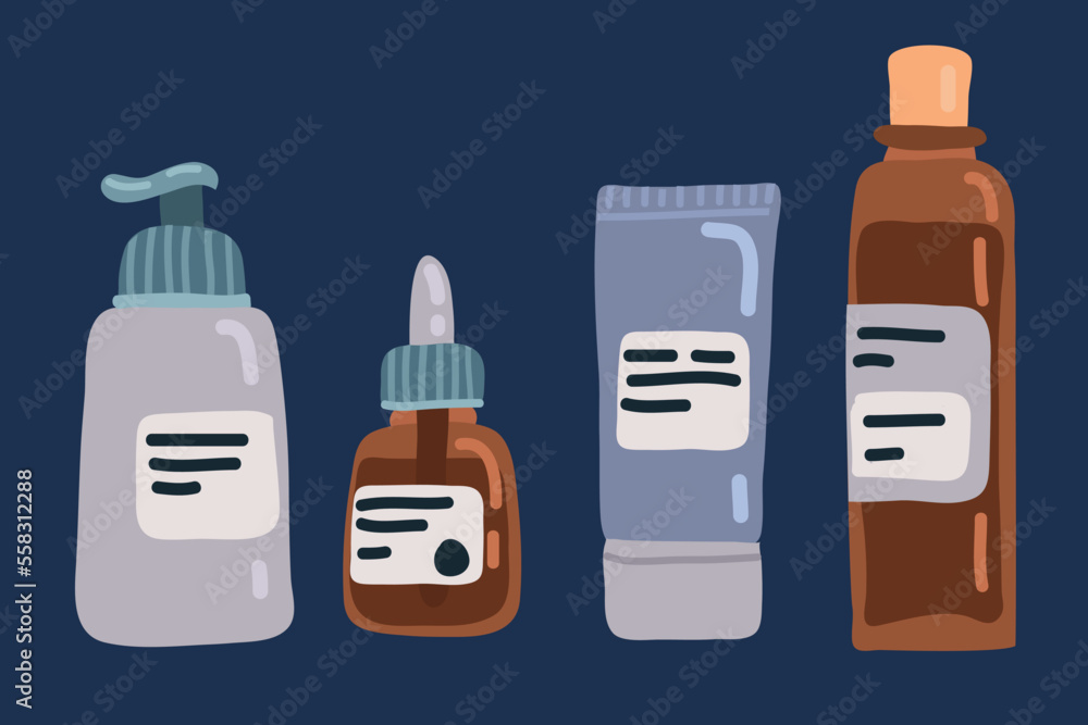 Cartoon vector illustration of various cosmetic container, including ...