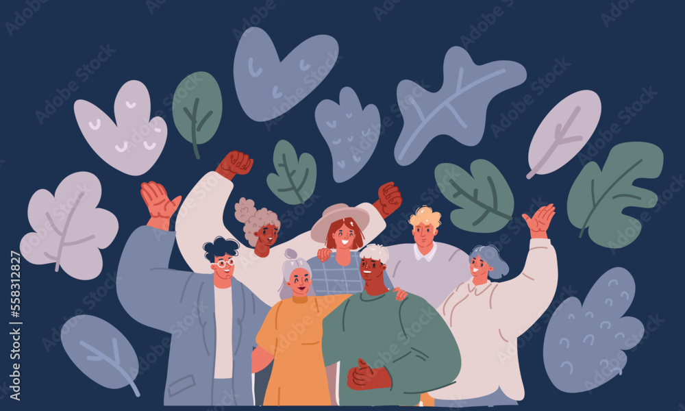 Cartoon vector illustration of Group of diverse people. Friends or ...