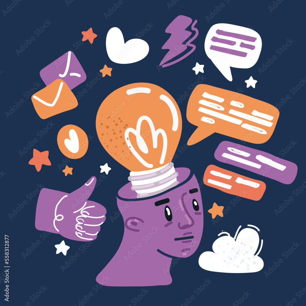 Cartoon vector illustration of Light bulb inside head. Concept o ...
