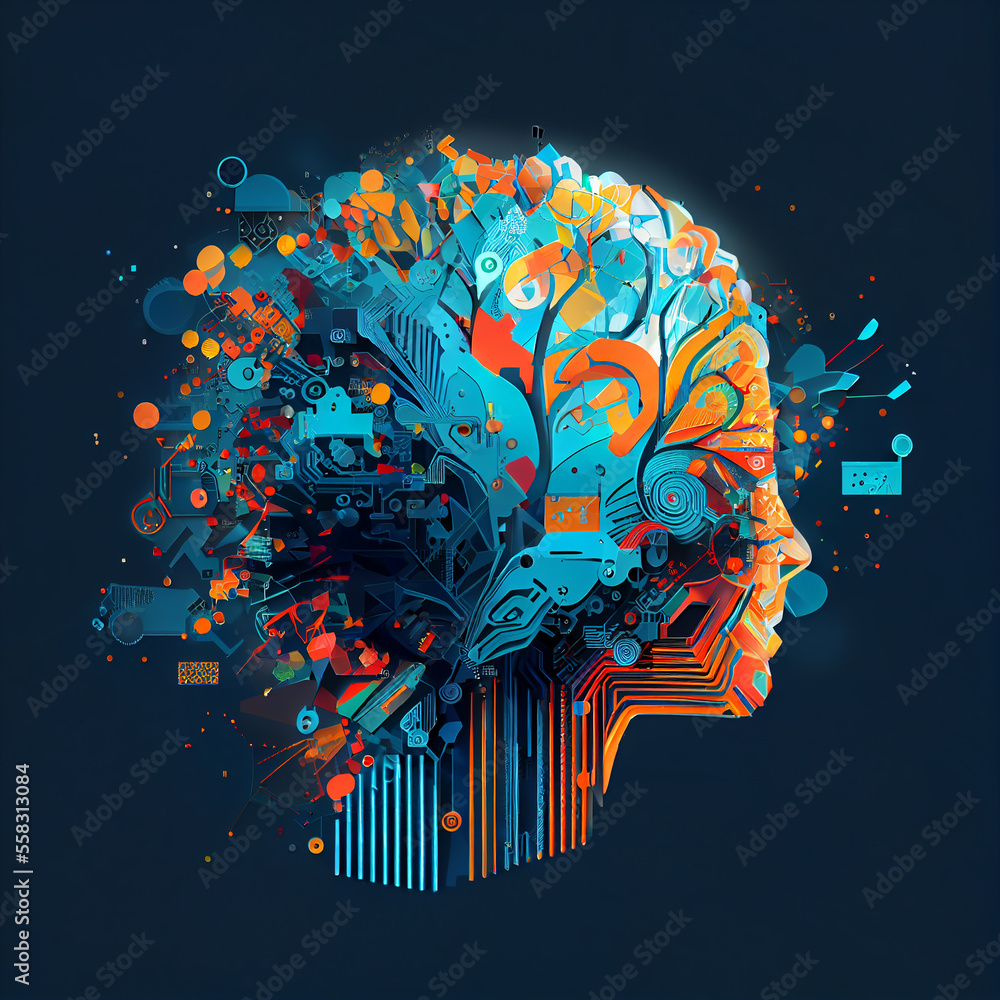 technology background. human head with digital circuit lines and shapes ...