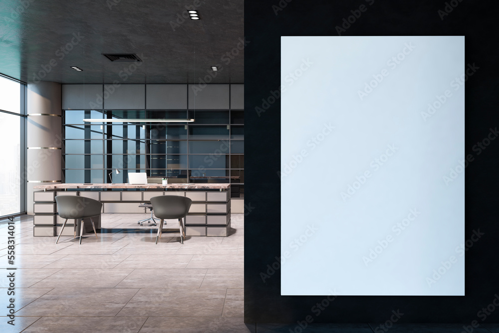 Front view on blank light poster with space for your logo on black wall ...