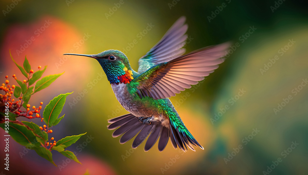beautiful vibrant colored humming birds flying and aiming on a flower nectar Stock Illustration ...