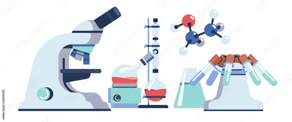 Laboratory equipment. Scientific research concept. Lab glassware and ...