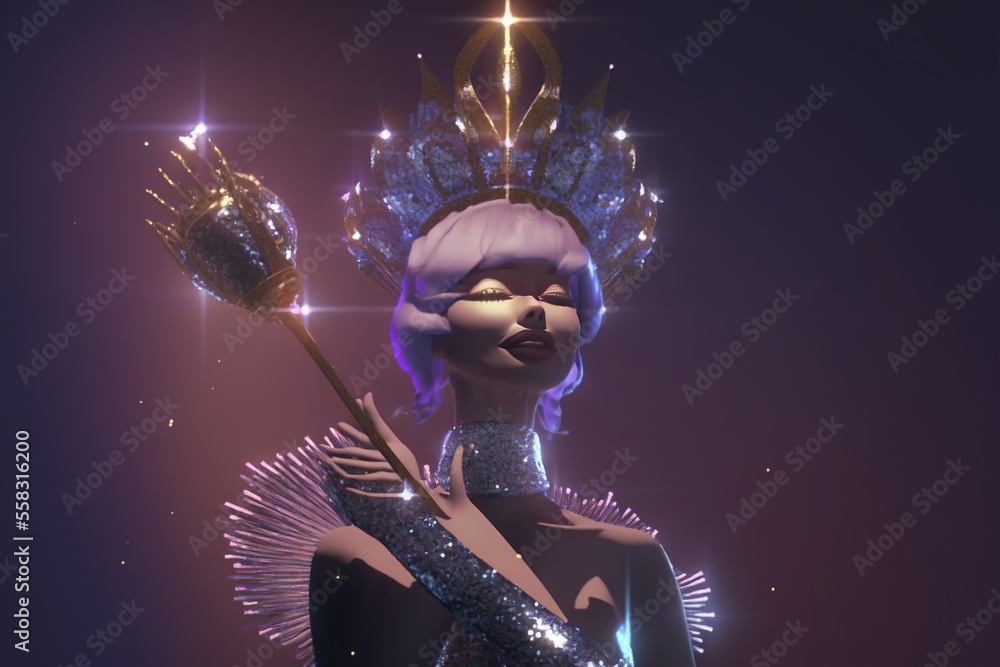 Illustration of anime drag queen with crown and scepter, winner of drag ...