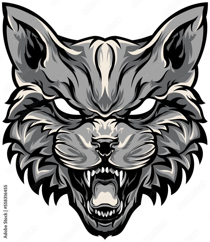 Angry cat isolated illustration image. Hand drawn face of wildcat ...