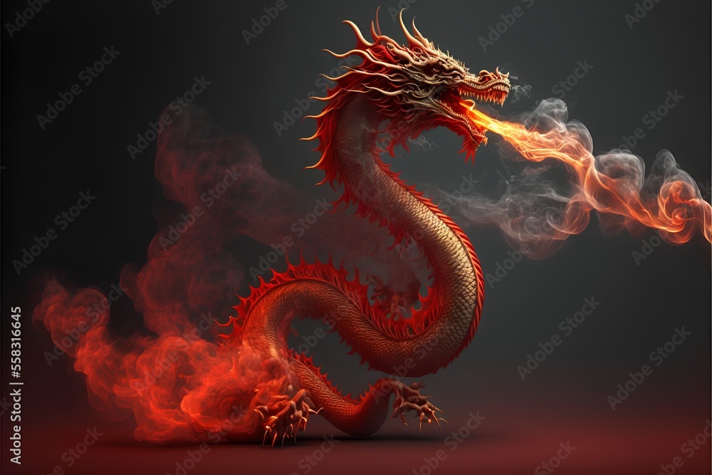 Chinese Dragon Breathing Fire - Generative AI Stock Illustration ...