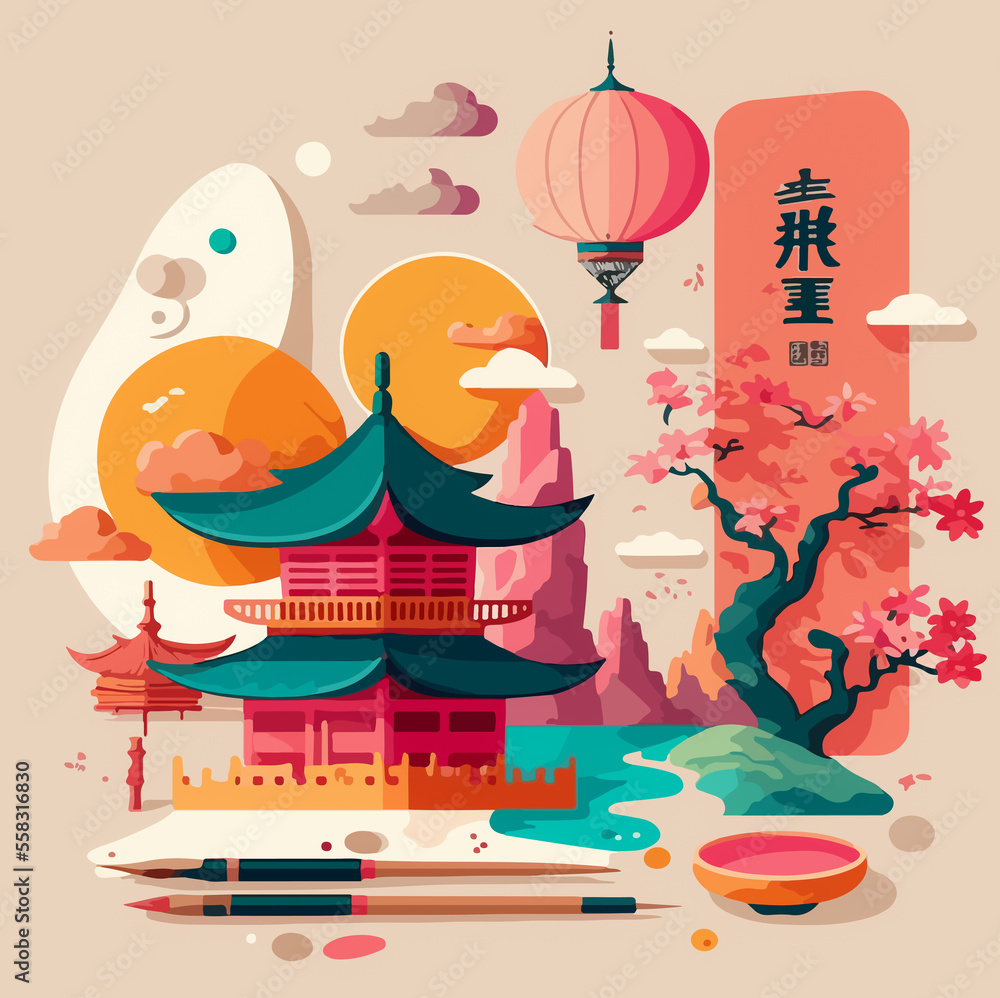 Flat colored design of Chinese background cartoon Stock Illustration ...