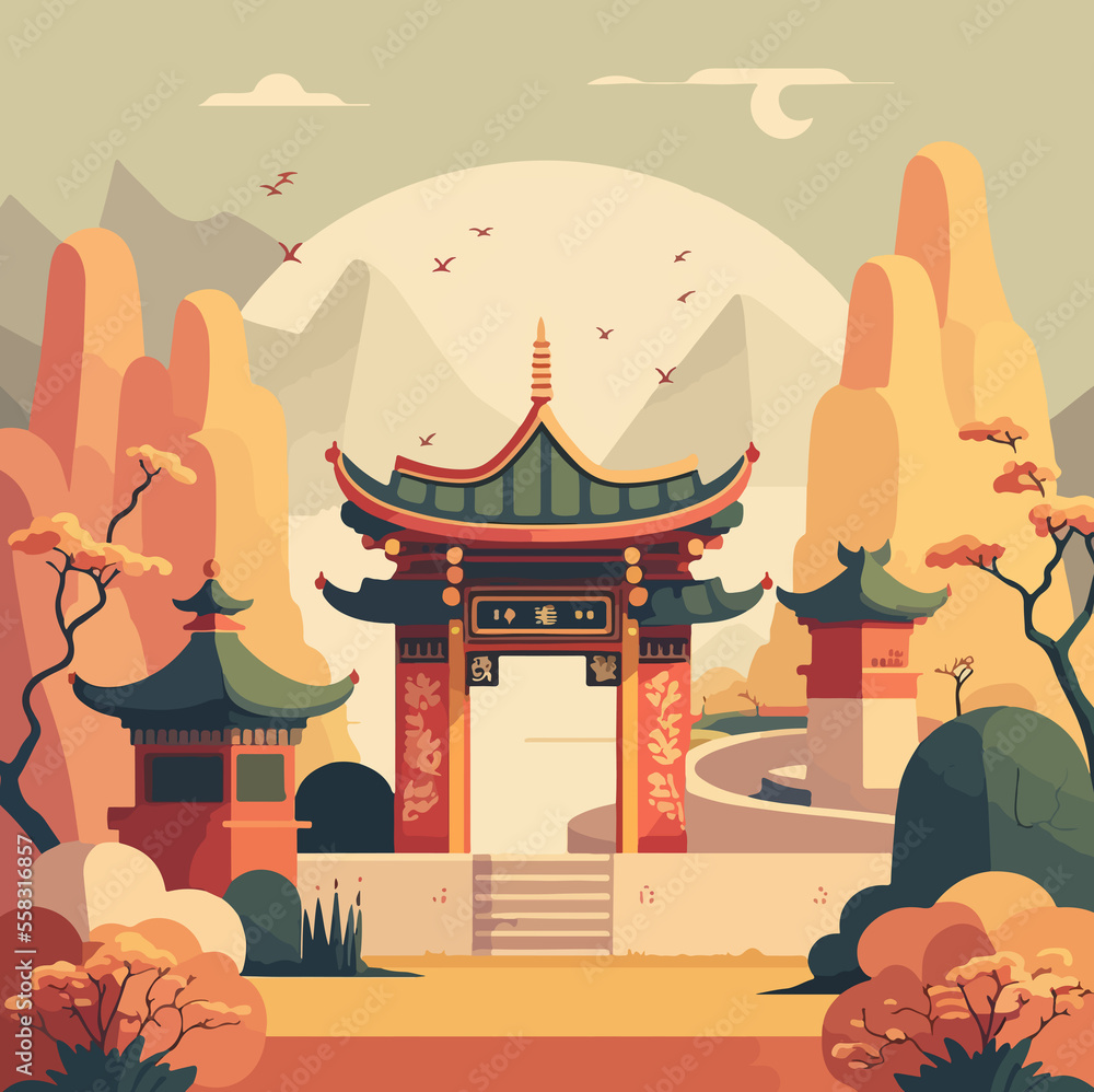 Flat colored design of Chinese background cartoon Stock Illustration ...