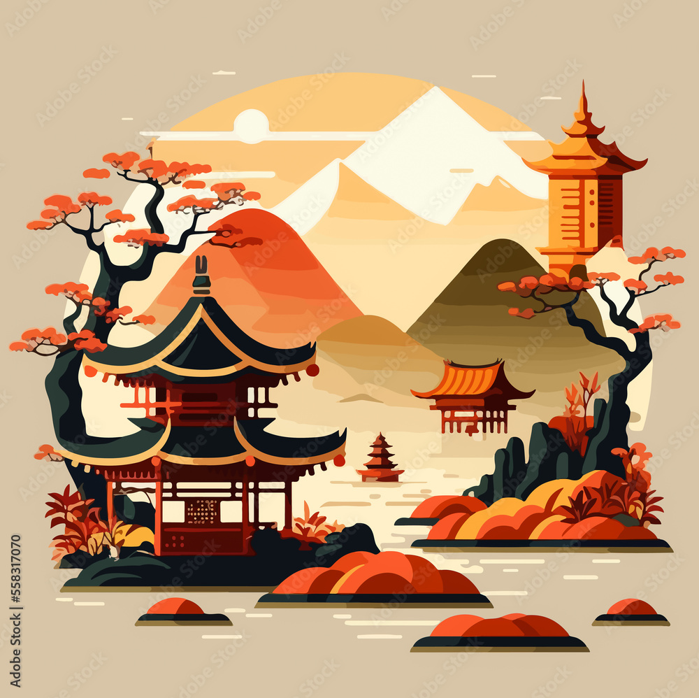 Flat colored design of Chinese scenary Stock Illustration | Adobe Stock