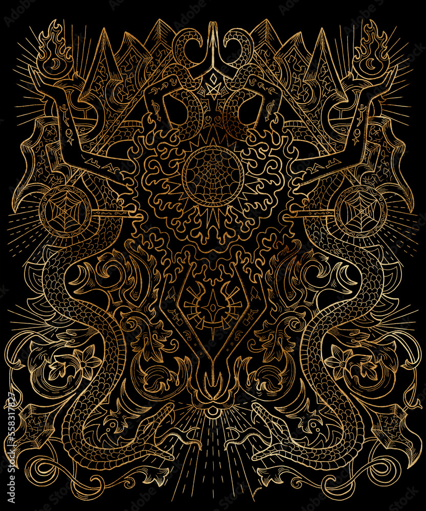 Mystic textured illustration with occult, esoteric and gothic symbols ...