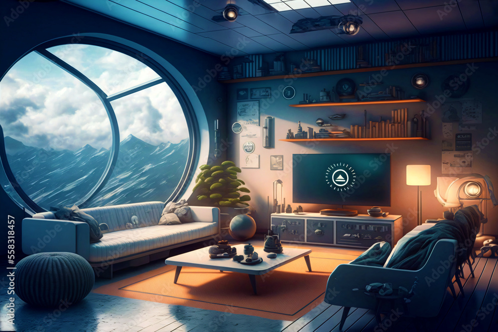 futuristic interior design, comfy living room with round window ...