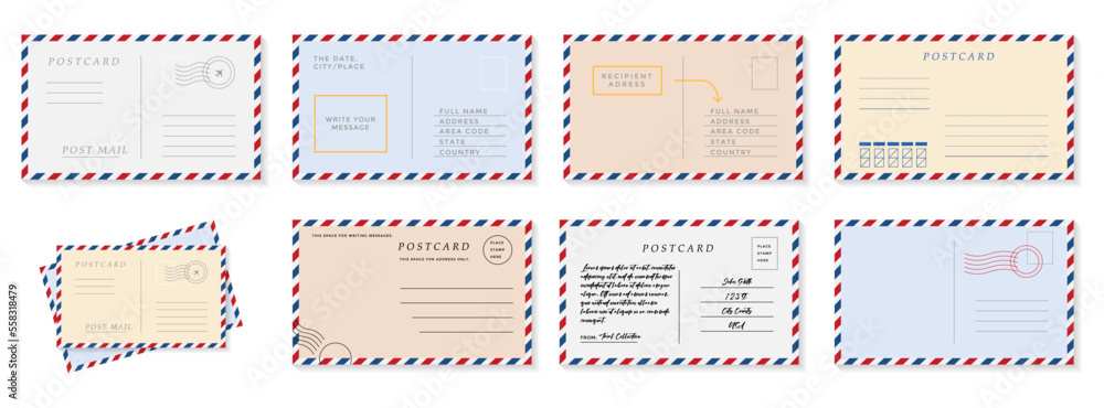 Set of paper postcard letter template. Mockup vintage post envelope ...