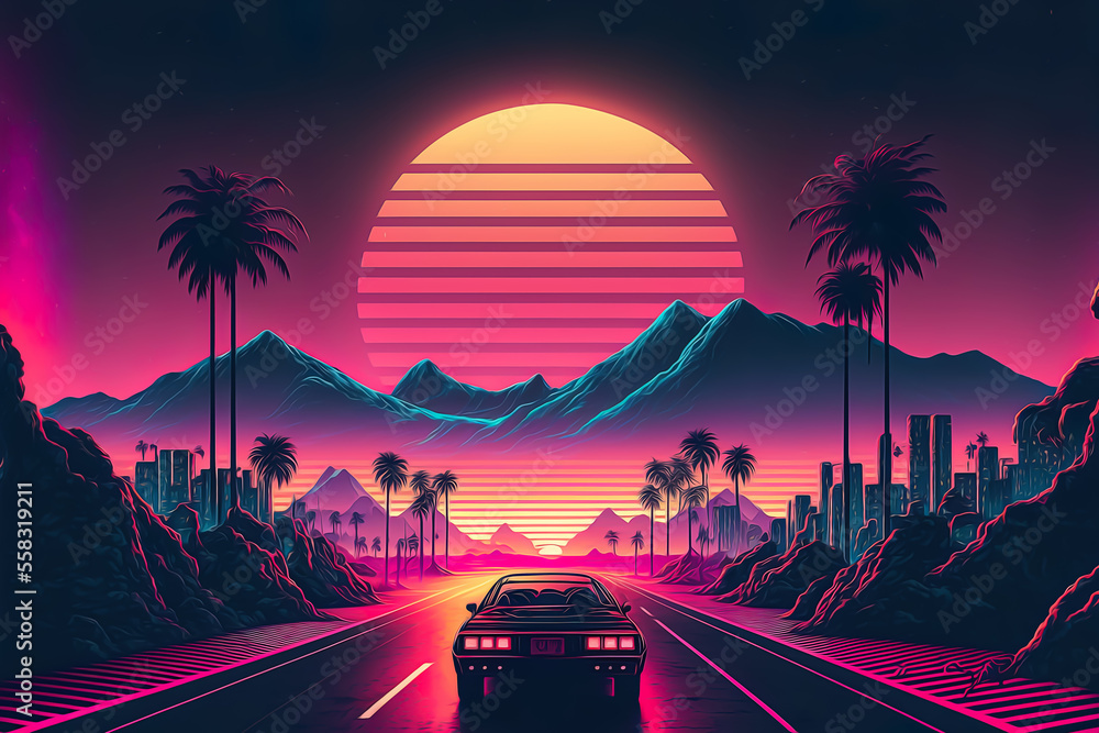 Cyberpunk landscape with retrowave and synthwave at sunset ilustración ...