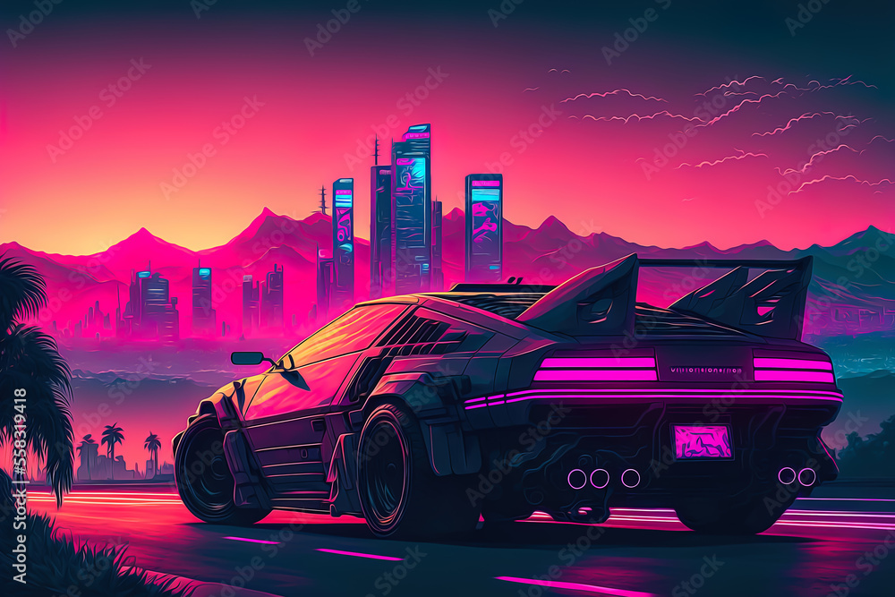 Retro futuristic back side view 80s supercar on trendy synthwave ...