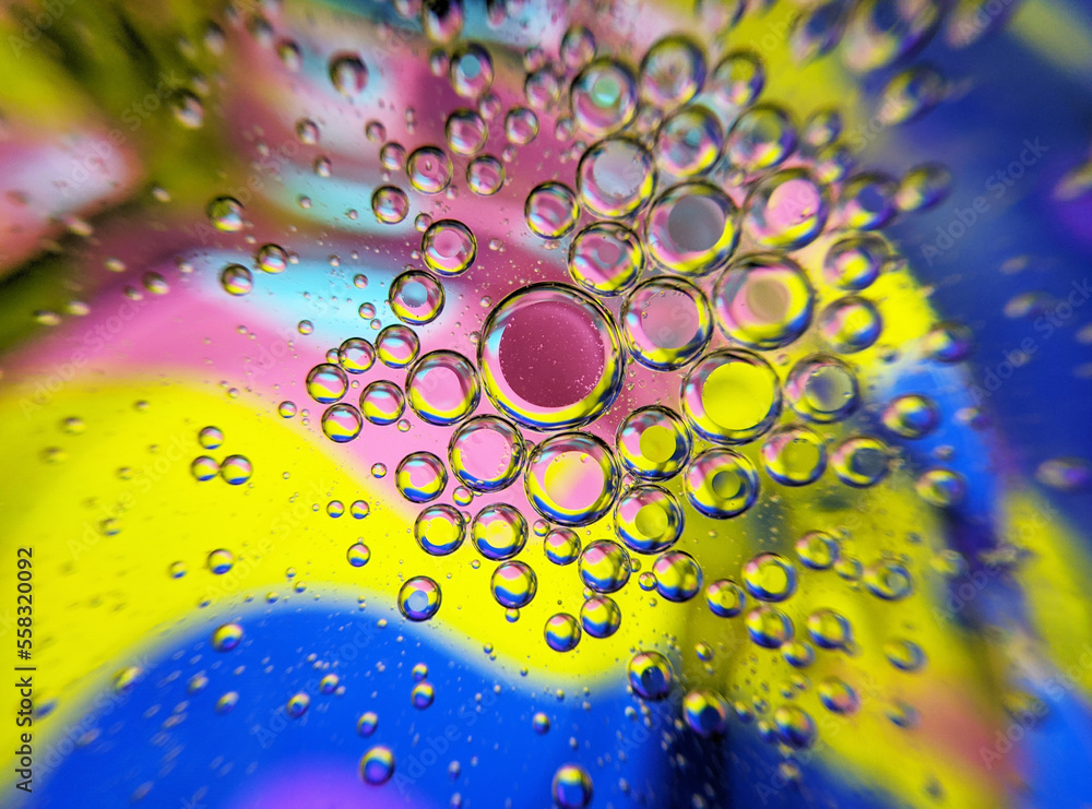 Colorful yellow blue abstract background, bubbles in transparent liquid ...