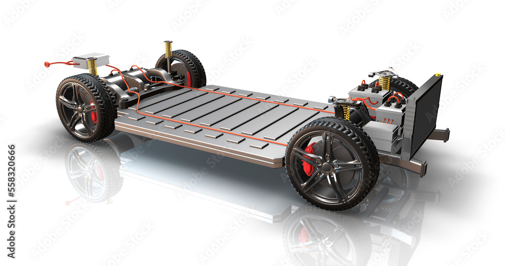 Modern generic electric vehicle chassis. All parts are visible ...