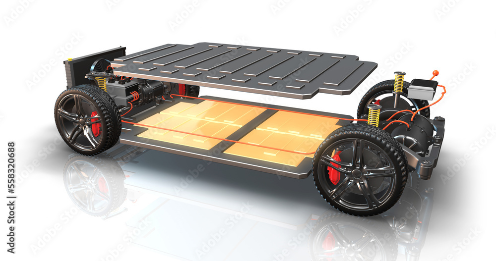 Electric car chassis. Battery pack cover is open. Sustainable energy ...
