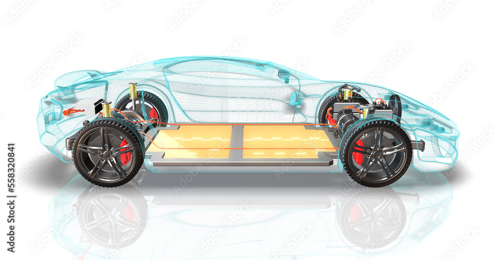 Modern generic electric vehicle chassis with wireframe body. All parts ...