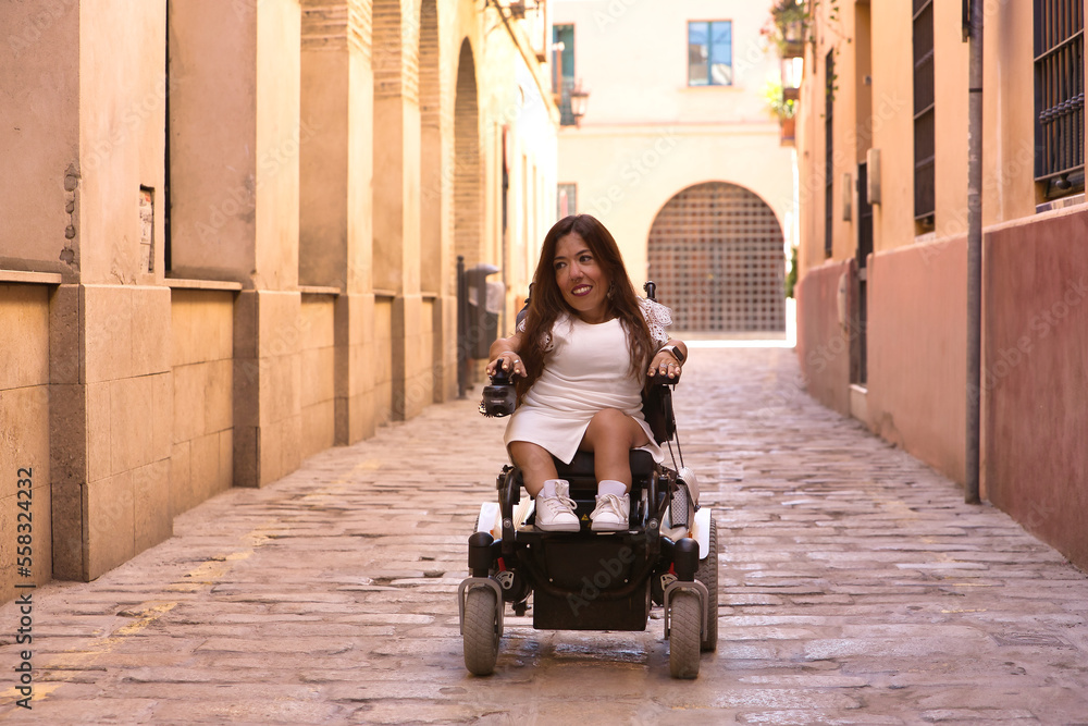Woman with disability, reduced mobility and small stature in an ...