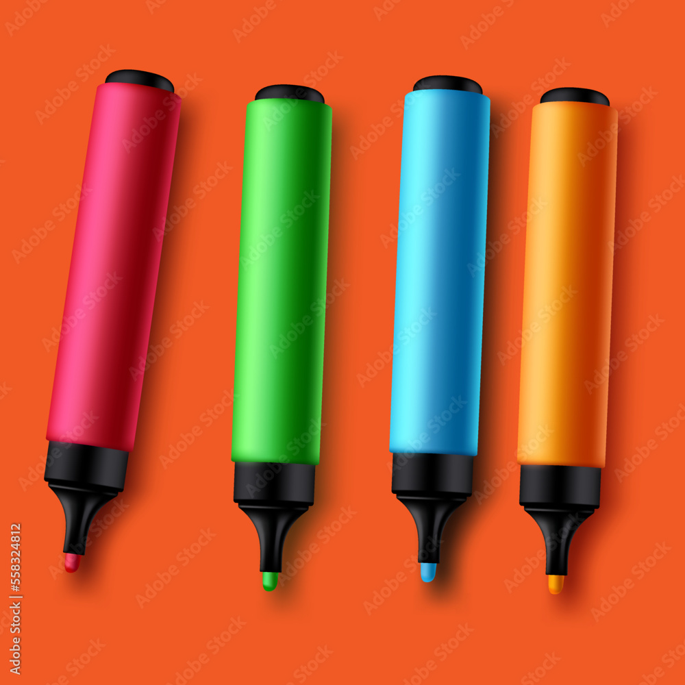 Vetor de Colorful markers set vector realistic illustration. Set of 3D ...