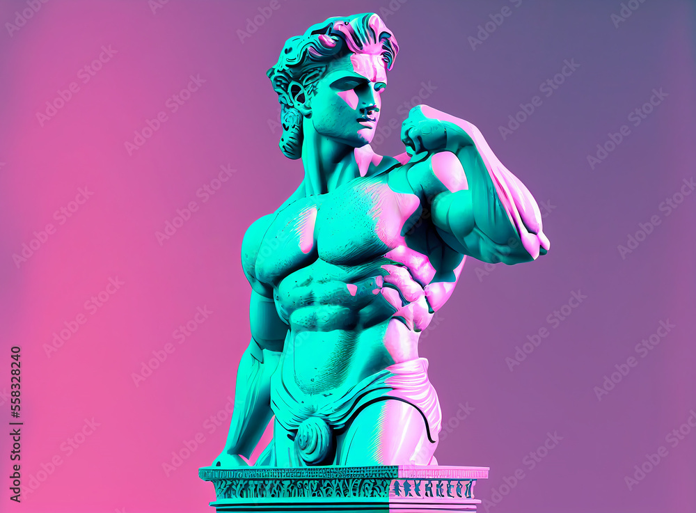 Greek god sculpture in retrowave city pop design, vaporwave style ...