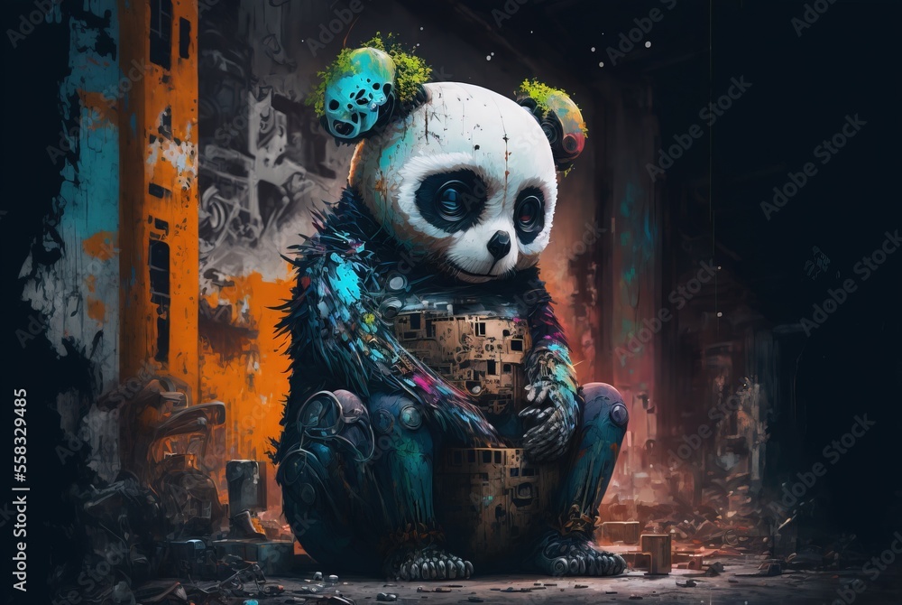 Mechanical robotic cyberpunk zombie panda bear sitting alone in the ...