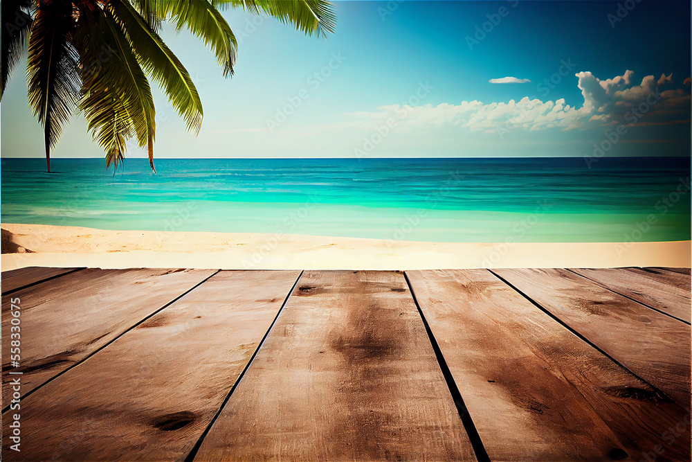 Beach background with wooden board, palm trees and the sea ideal for ...