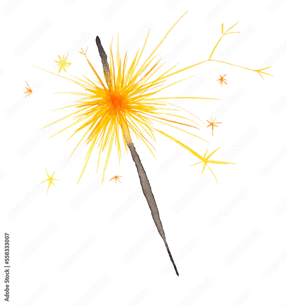 Watercolor illustration with burning sparkler isolated on transparent ...
